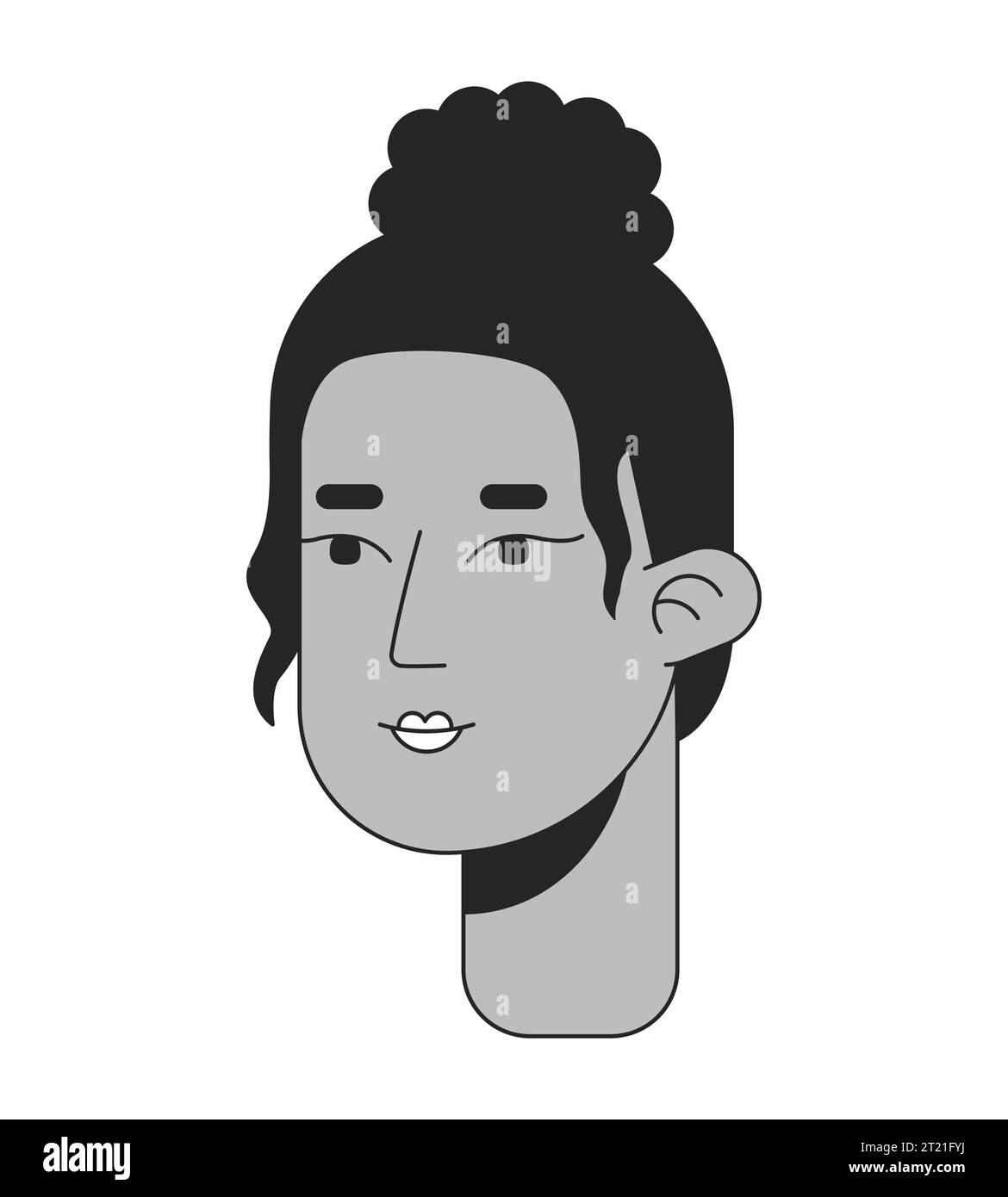 Curly high bun girl black and white 2D line cartoon character head ...