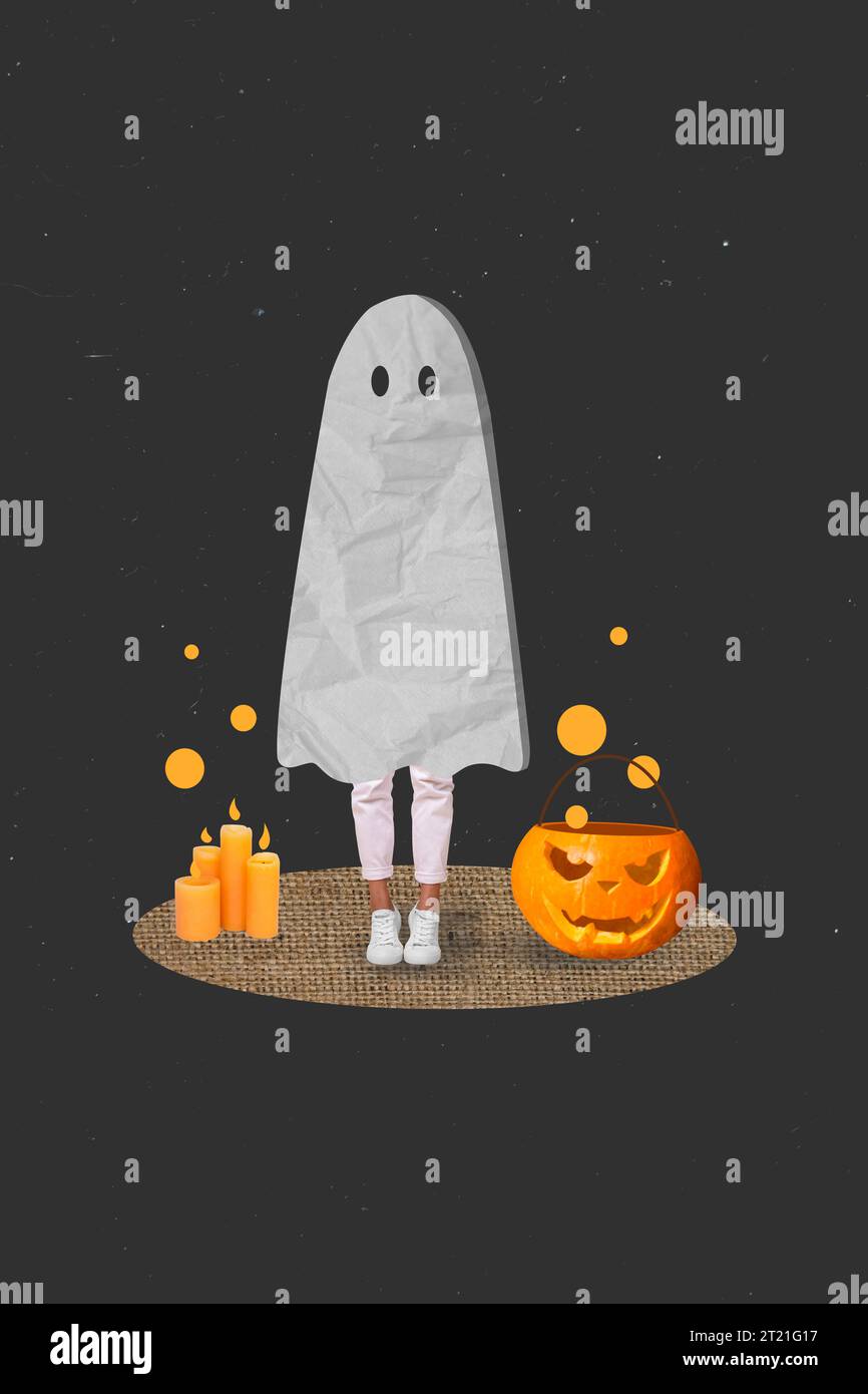 Creative drawing collage picture of ghost costume spirit candle fire ...
