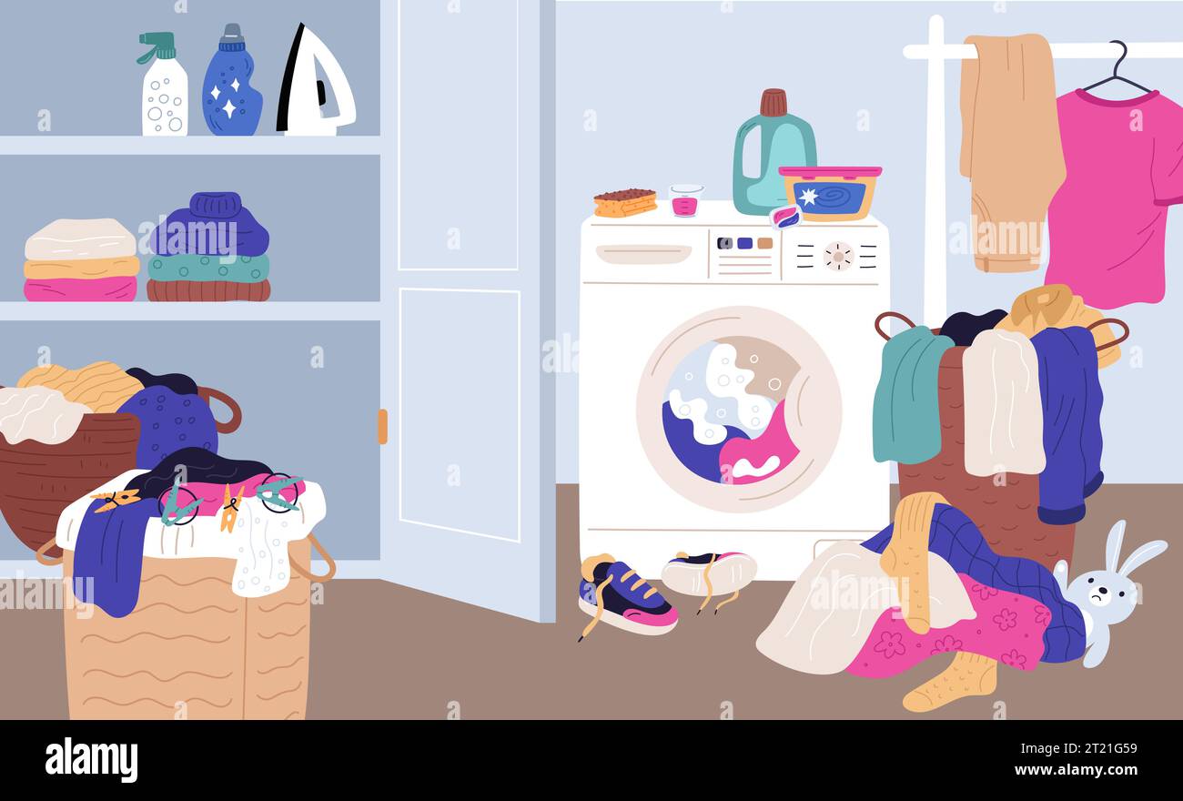 Cartoon home laundry room interior. Washing machine. Baskets with dirty ...