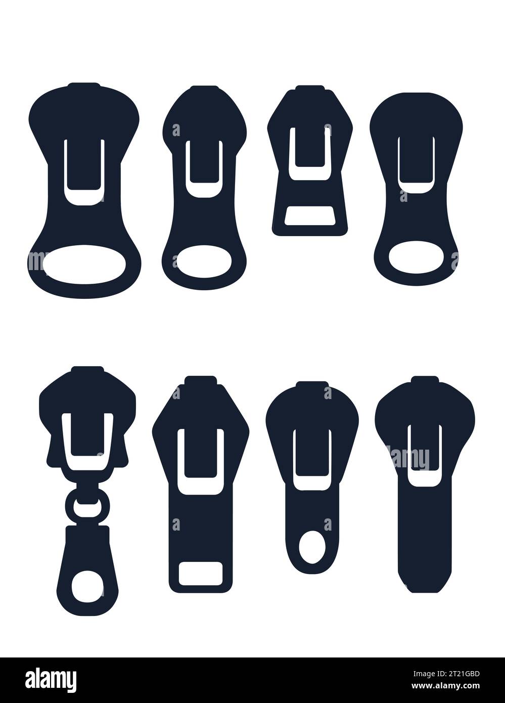Collection of black silhouette steel zipper puller vector illustration isolated on white ...
