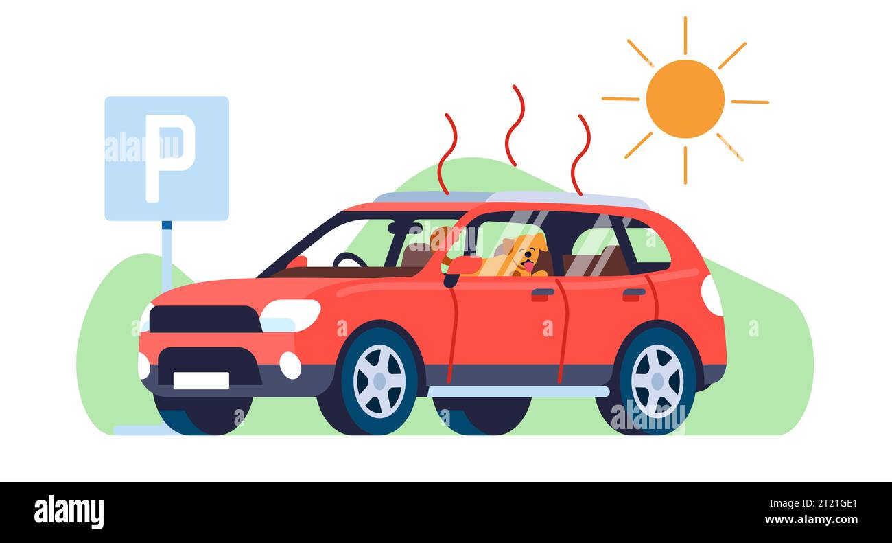 Dog in parked car is at risk of heat stroke. Hot temperature. Owner ...