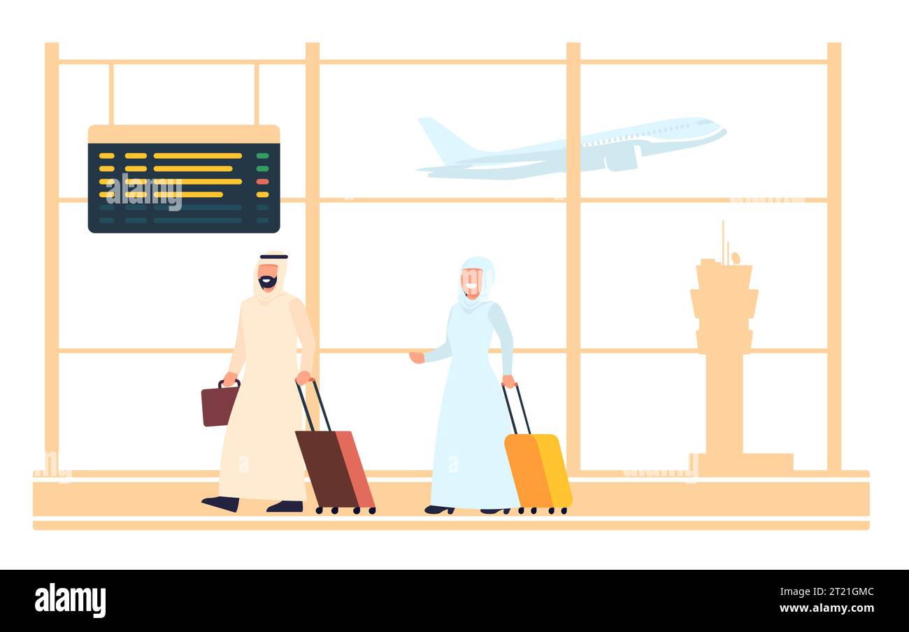 Muslim couple walks through airport building to board plane. Arabian ...