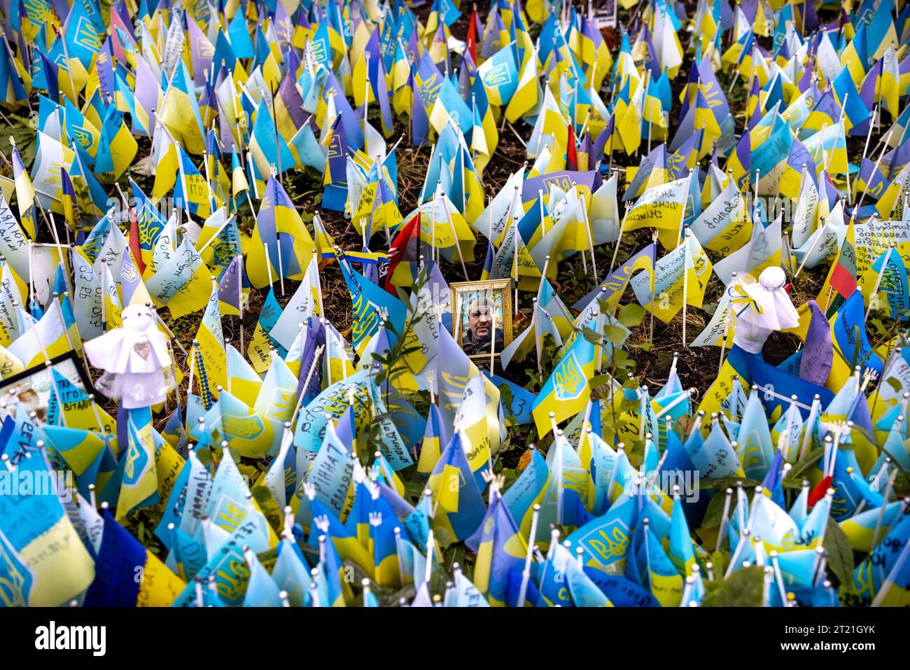 Kyiv, Ukraine. 16th Oct, 2023. A portrait of a fallen soldier is seen ...