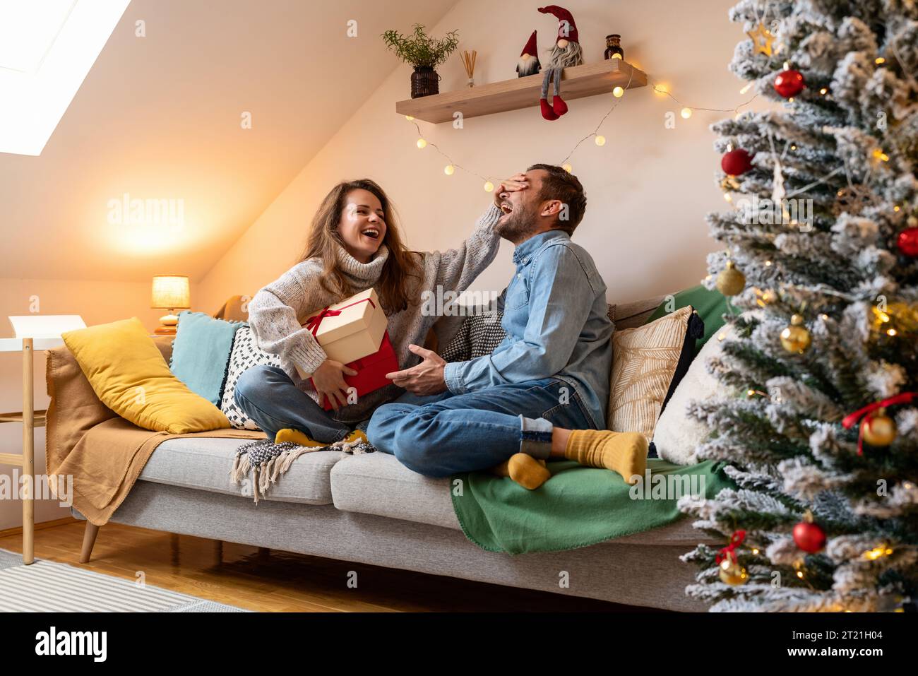 Christmas presents. Give and surprise. Young woman gives a Christmas ...