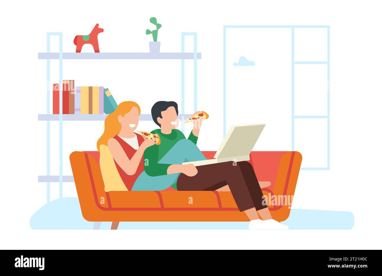 Couple eating pizza together. Man and woman sitting on couch. Friends ...