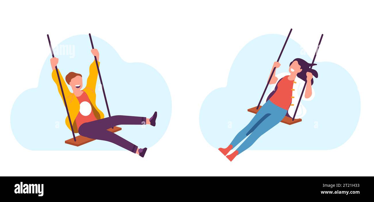 Joyful guy and girl on rope swings. People swinging. Outdoor leisure ...