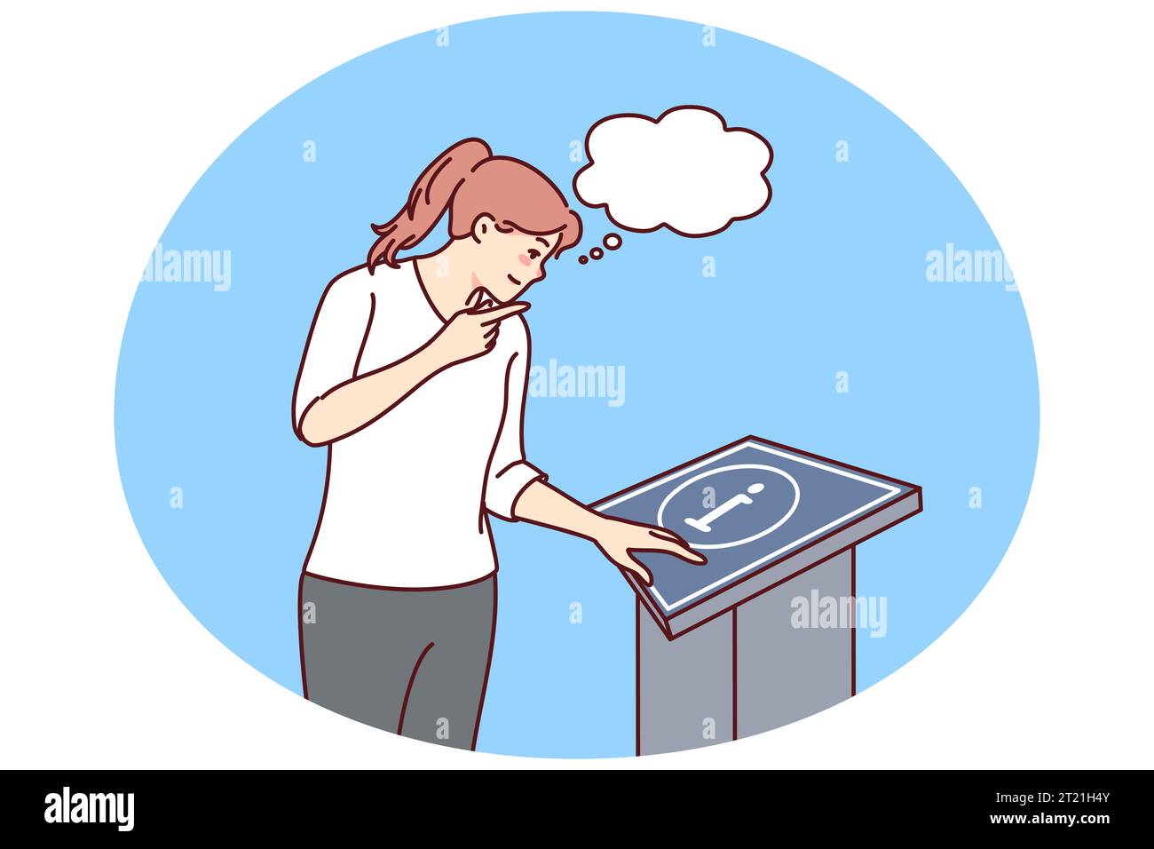 Woman looking at information board thinking. Girl consult info table in ...