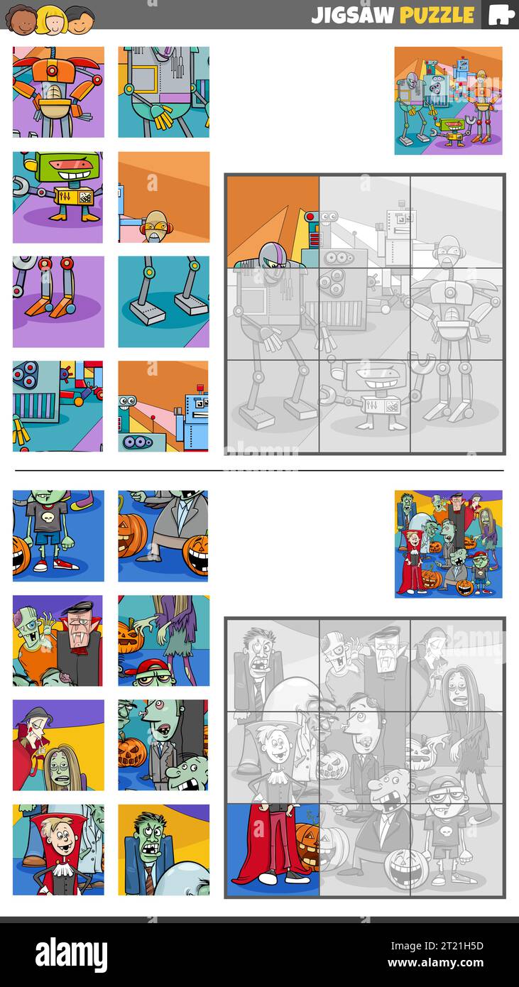Cartoon illustration of educational jigsaw puzzle activities set with ...