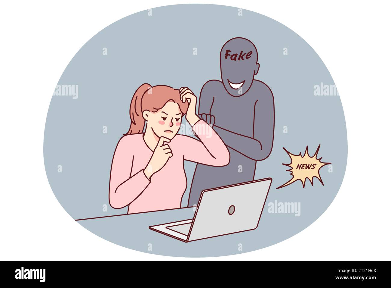 Confused woman looking at computer screen reading fake news online ...