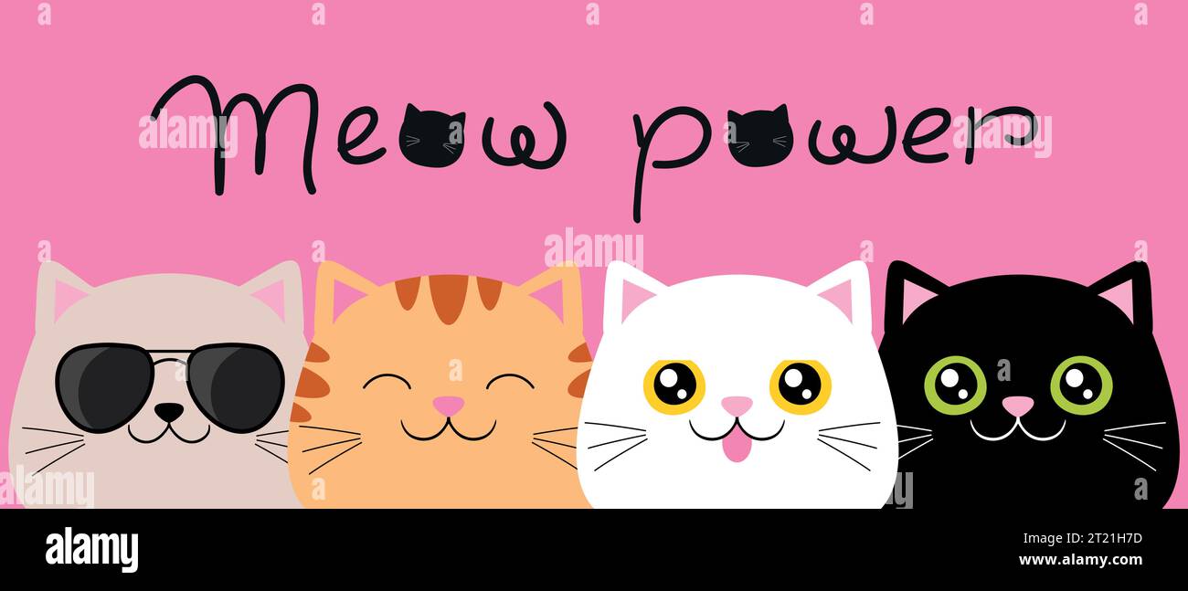 Collection of cat heads with handwriting Meow power. Cats with ...
