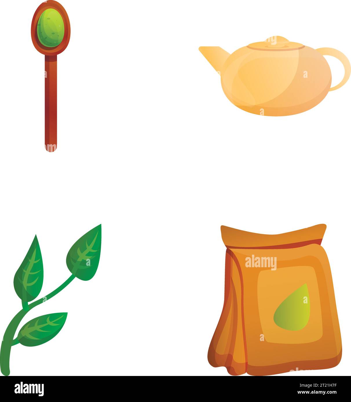 Mint tea icons set cartoon vector. Mint tea with teapot, spoon and leaf ...