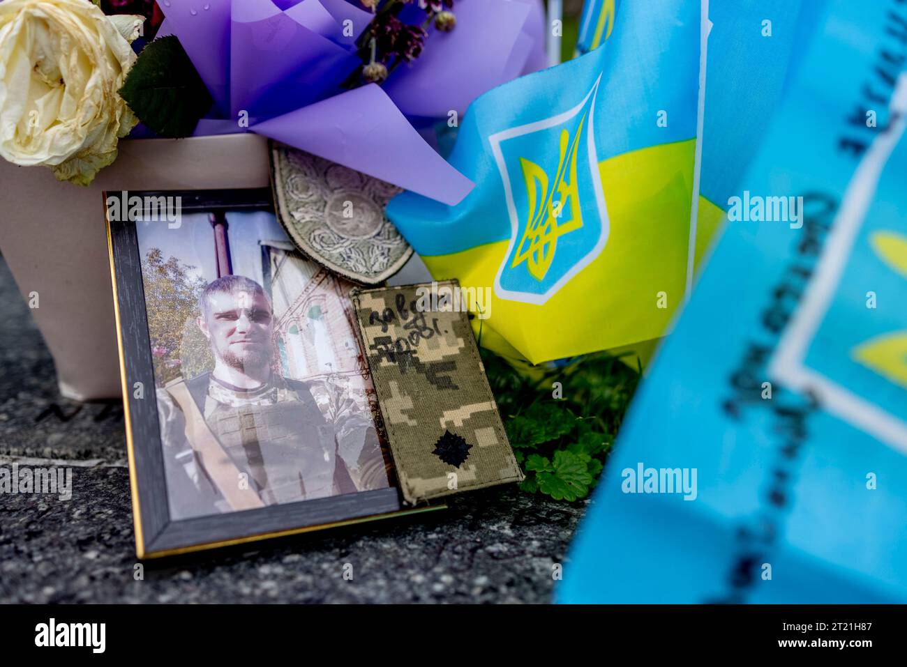 Kyiv, Ukraine. 16th Oct, 2023. A portrait of a fallen soldier is seen ...