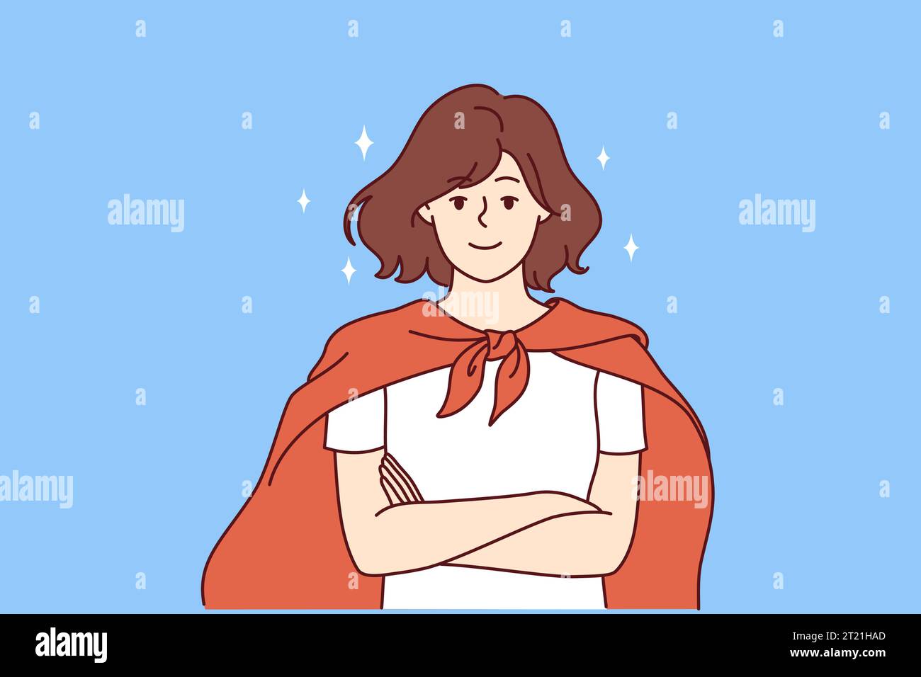 Woman in superhero cape stands with arms crossed and confidently looks ...