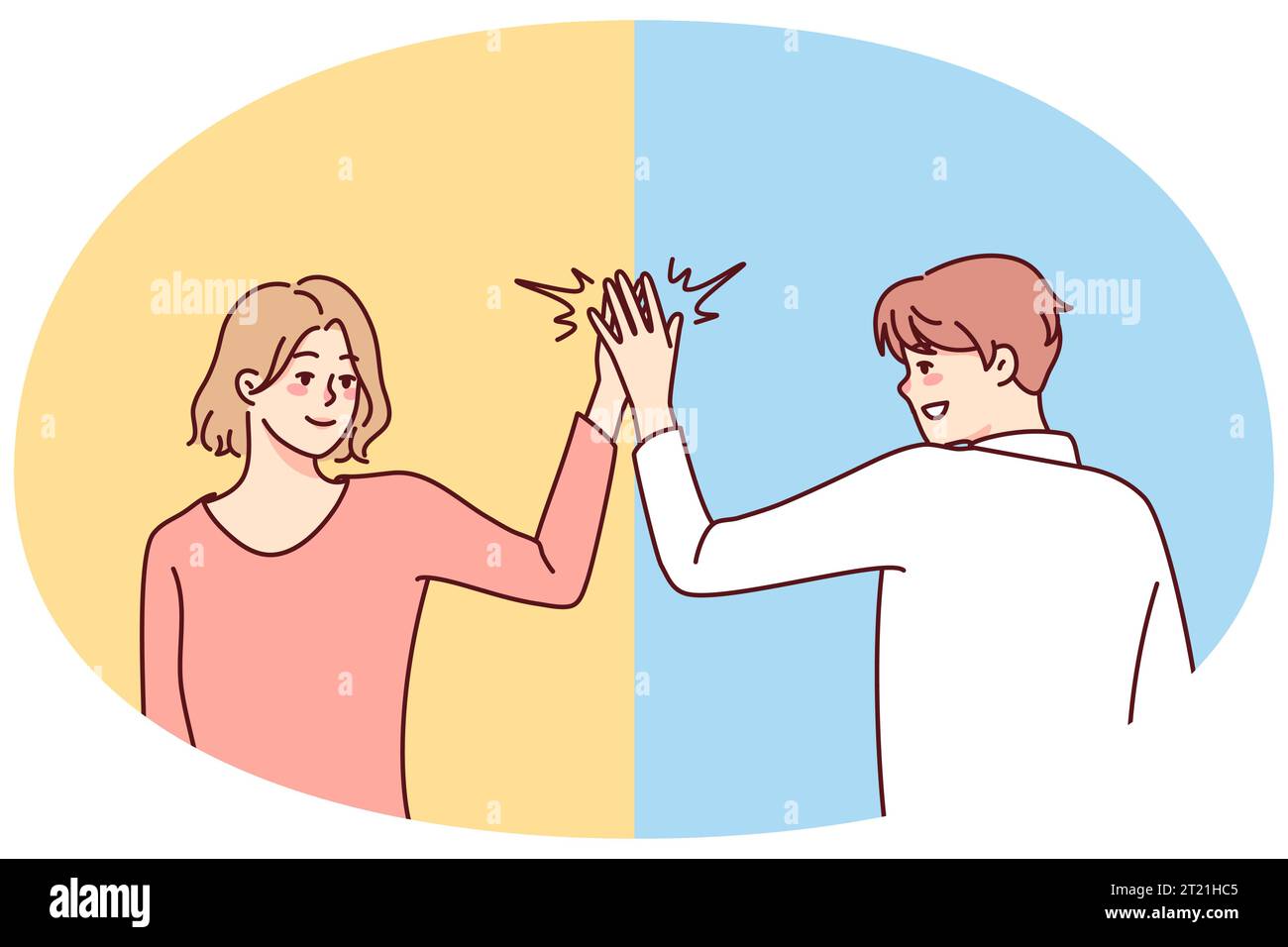 Happy man and woman give high five. Smiling people greeting outdoors ...