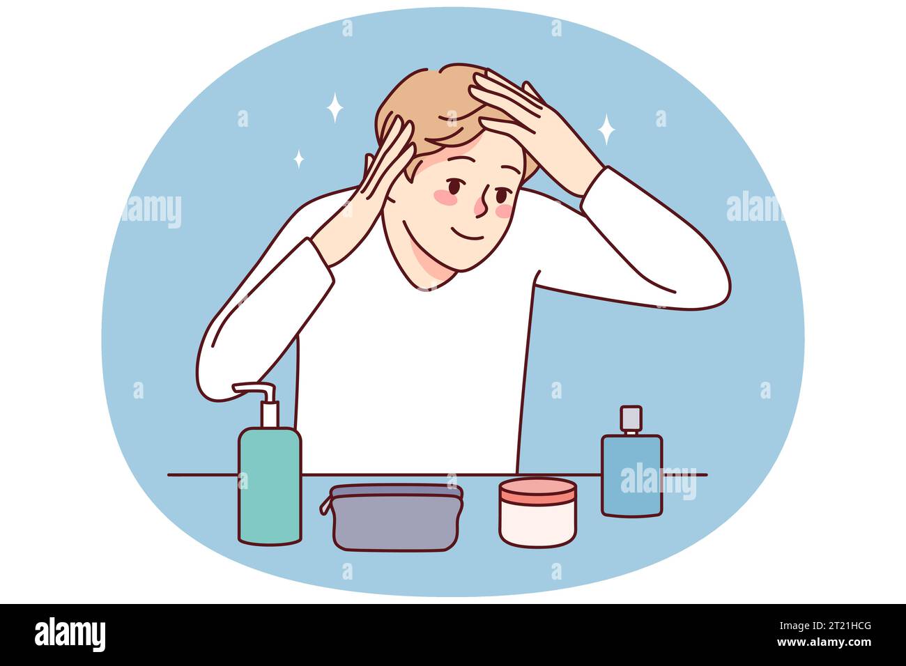 Young man looking in mirror take care of face and hair. Male ...