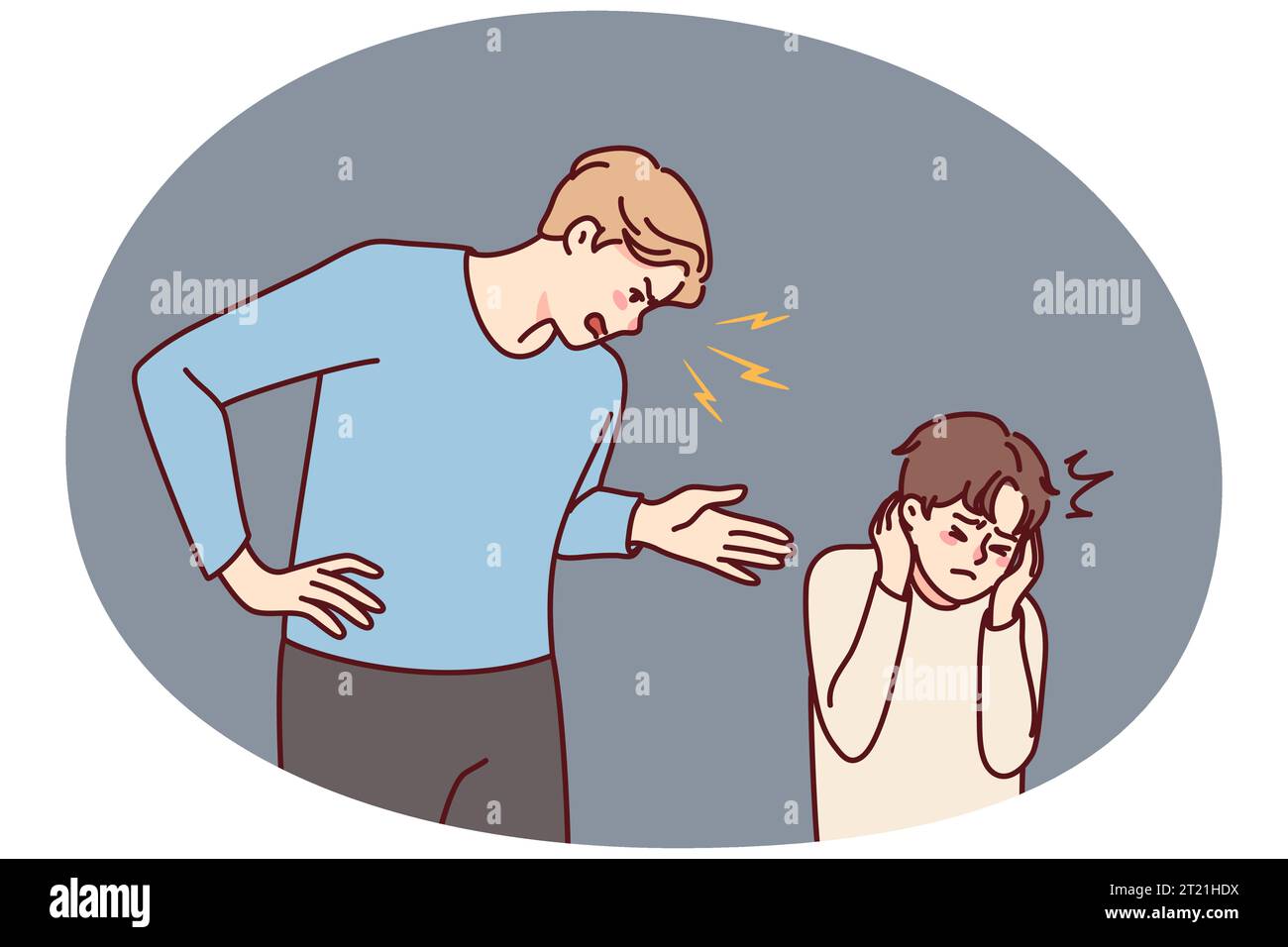 Angry father scream scold small unhappy kid covering ears from ...