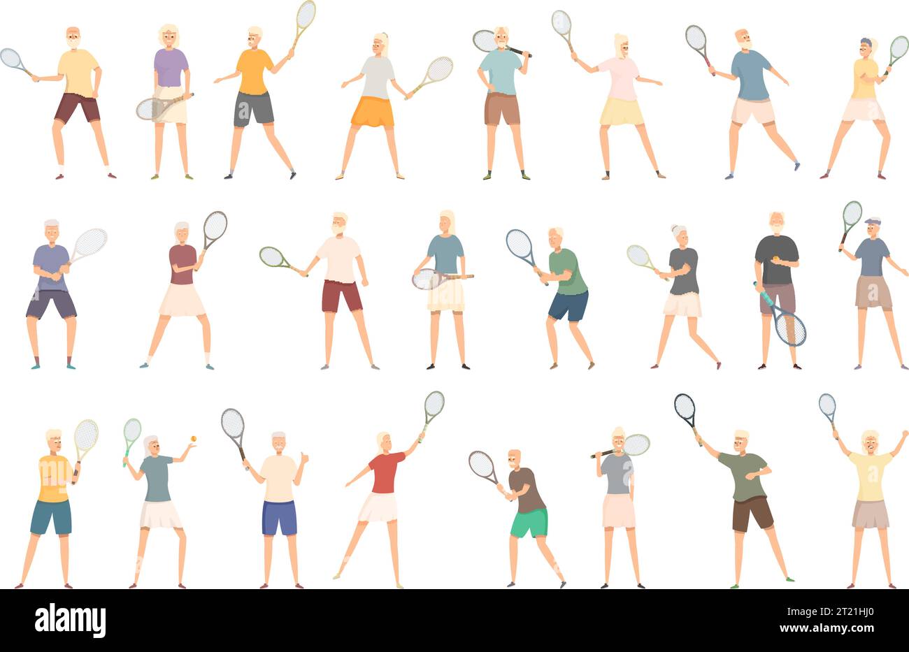 Elderly people playing tennis icons set cartoon vector. Old sport game ...