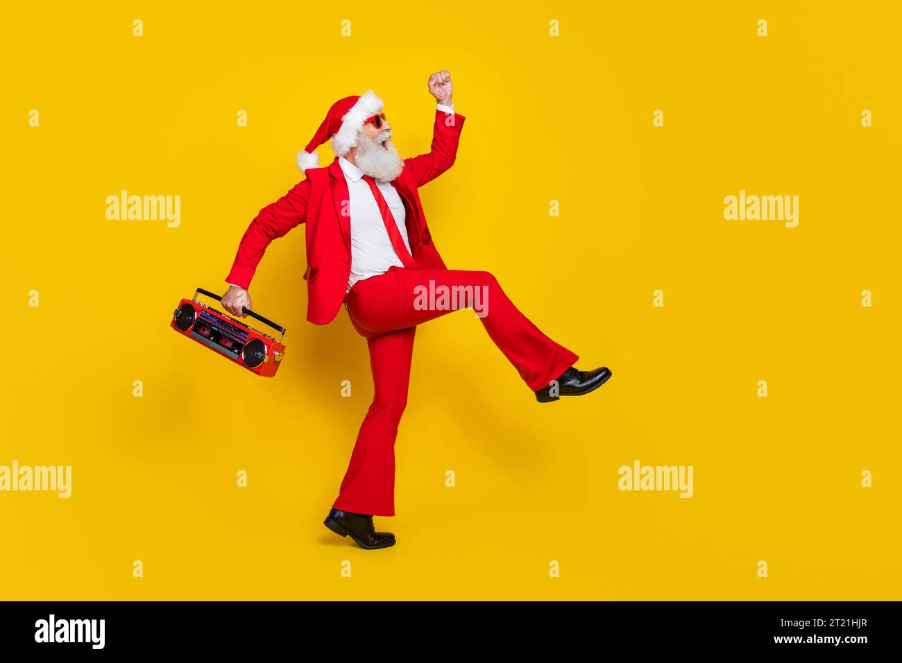 Full body profile photo of crazy funky person hold boombox dance walk ...