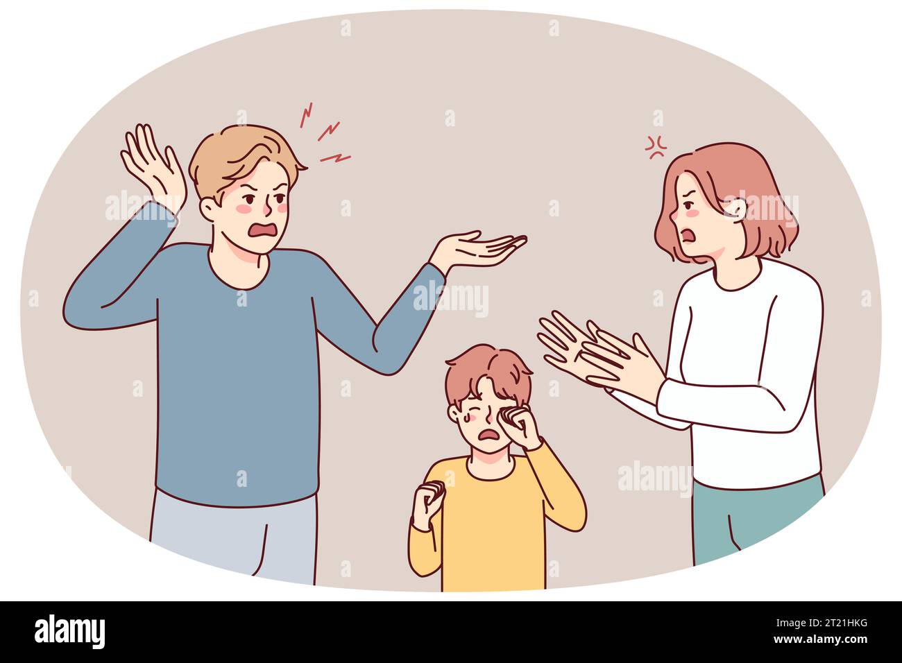Little boy crying with mad parents argue near. Furious careless mother and father fight scream ...