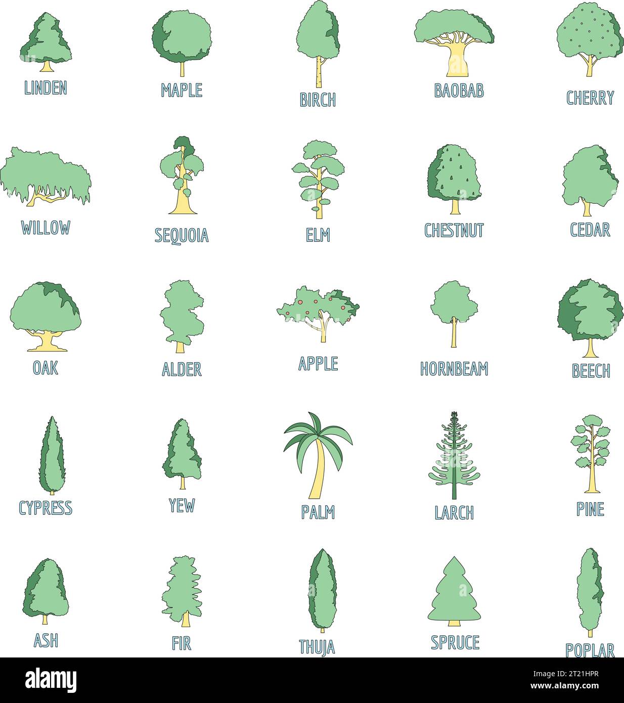Tree types icons set. Outline illustration of 25 tree types vector ...