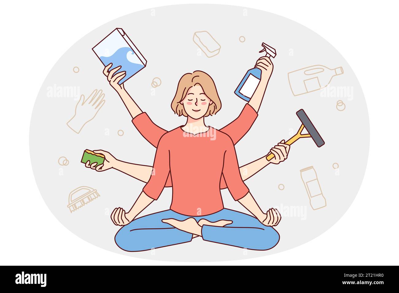 Calm woman meditating distracted from daily activity and chores ...