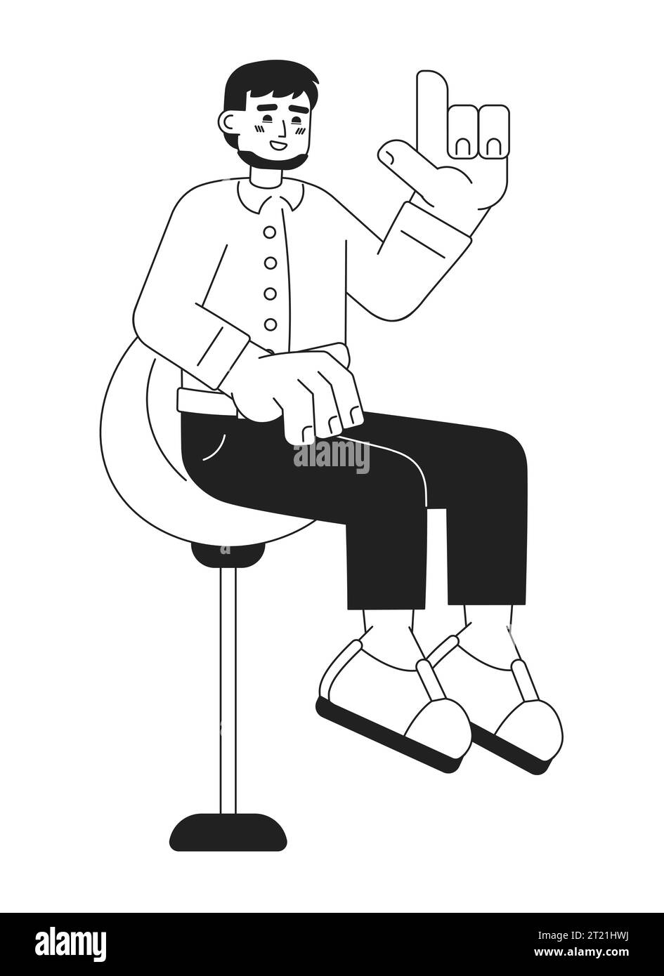 Bearded caucasian man sitting on swivel bar stool black and white 2D ...