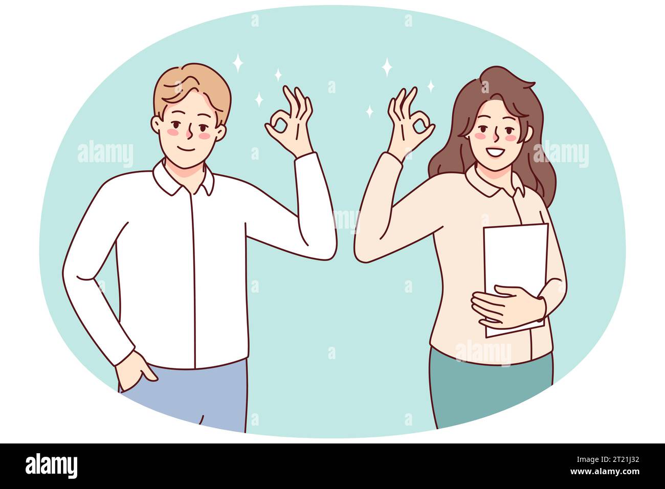 Smiling people showing ok sign with hands. Happy man and woman ...