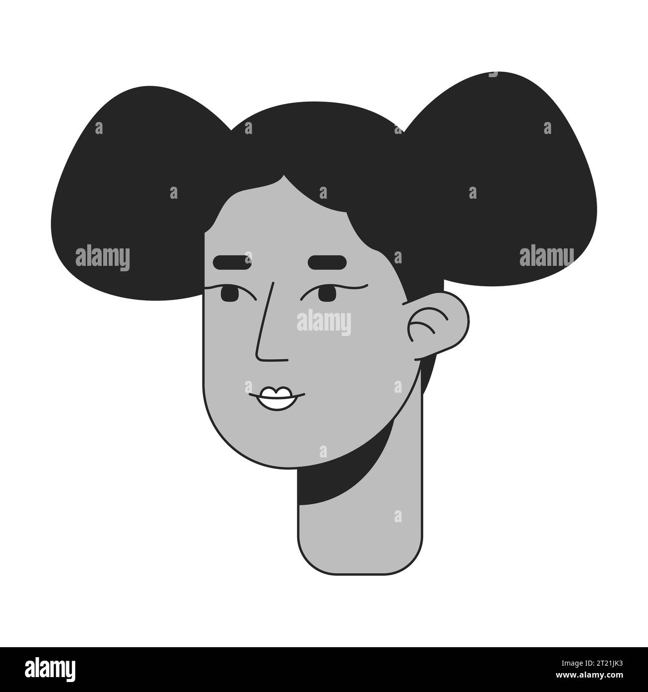 Two Buns Girl Black And White 2d Line Cartoon Character Head Stock