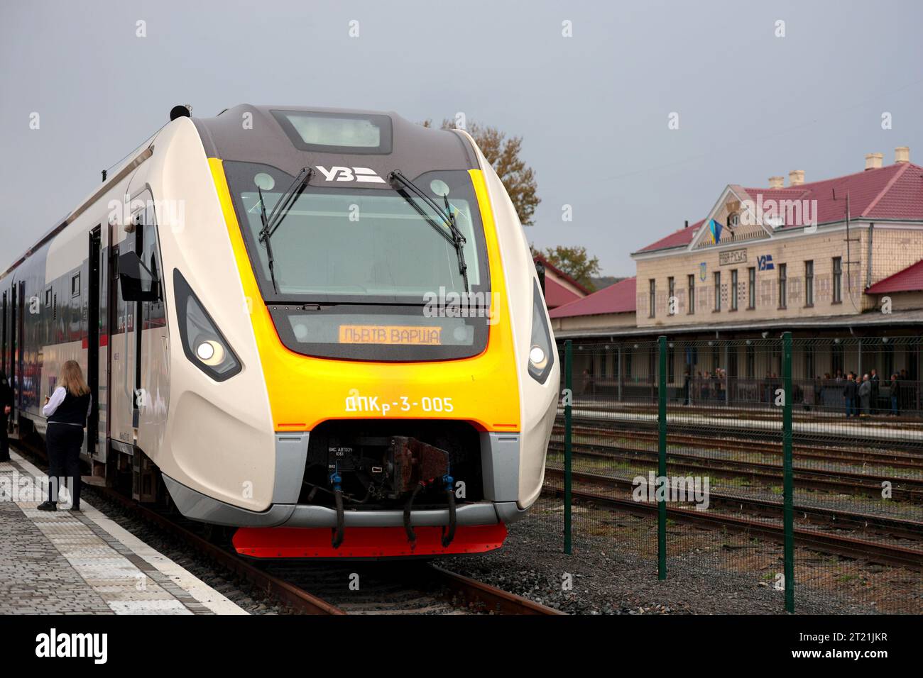 RAVA-RUSKA, UKRAINE - OCTOBER 15, 2023 - A modern diesel train of the ...