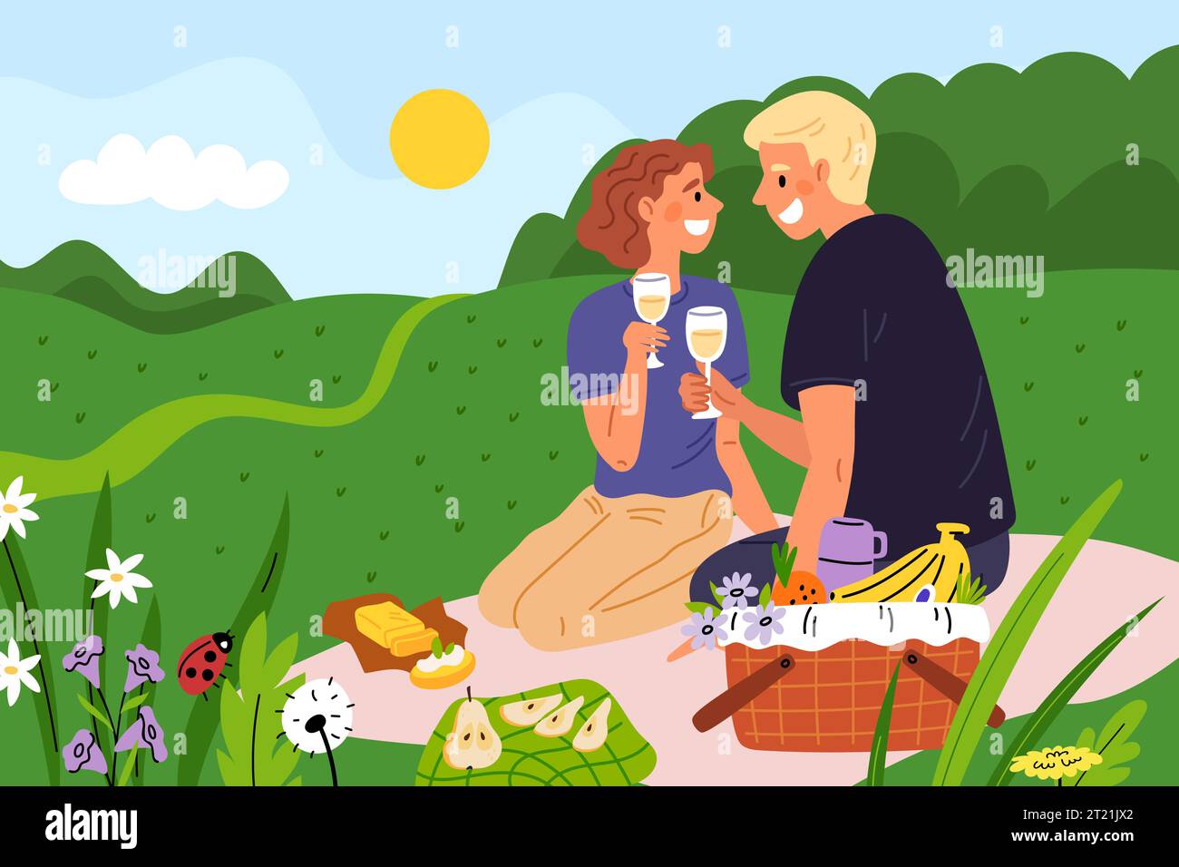 Loving couple on picnic. Guy and girl drinking white wine in nature ...