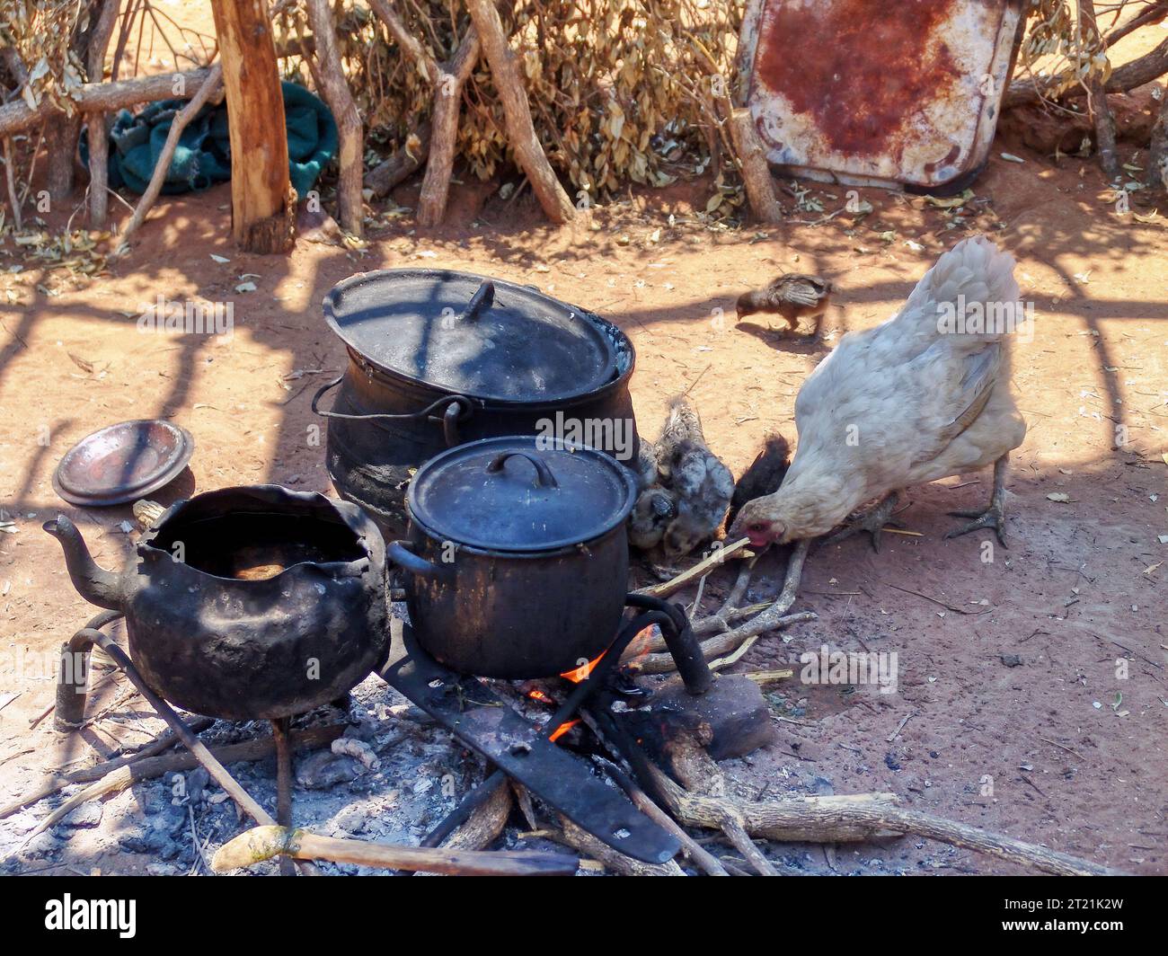 outdoors kitchen with black pots in african village, chickens running ...