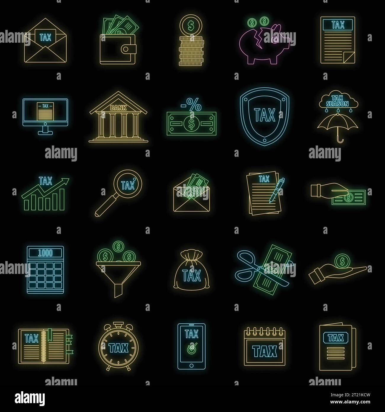 Taxes icons set. Outline illustration of 25 taxes vector icons neon ... Taxes icons set. Outline illustration of 25 taxes vector icons neon ...