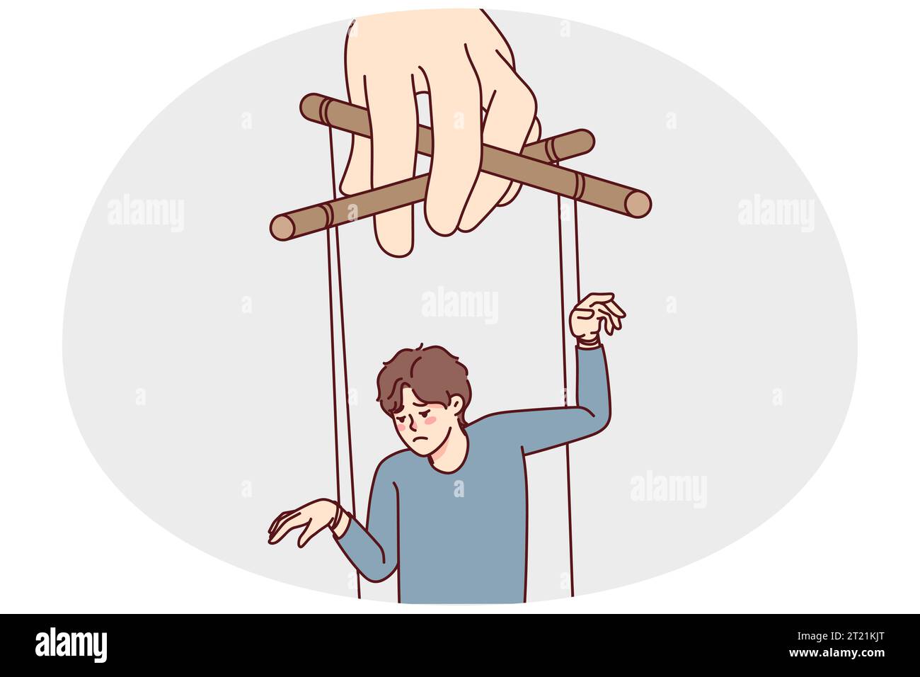 Hand holding man on ropes manipulating steps and actions. Puppeteer ...