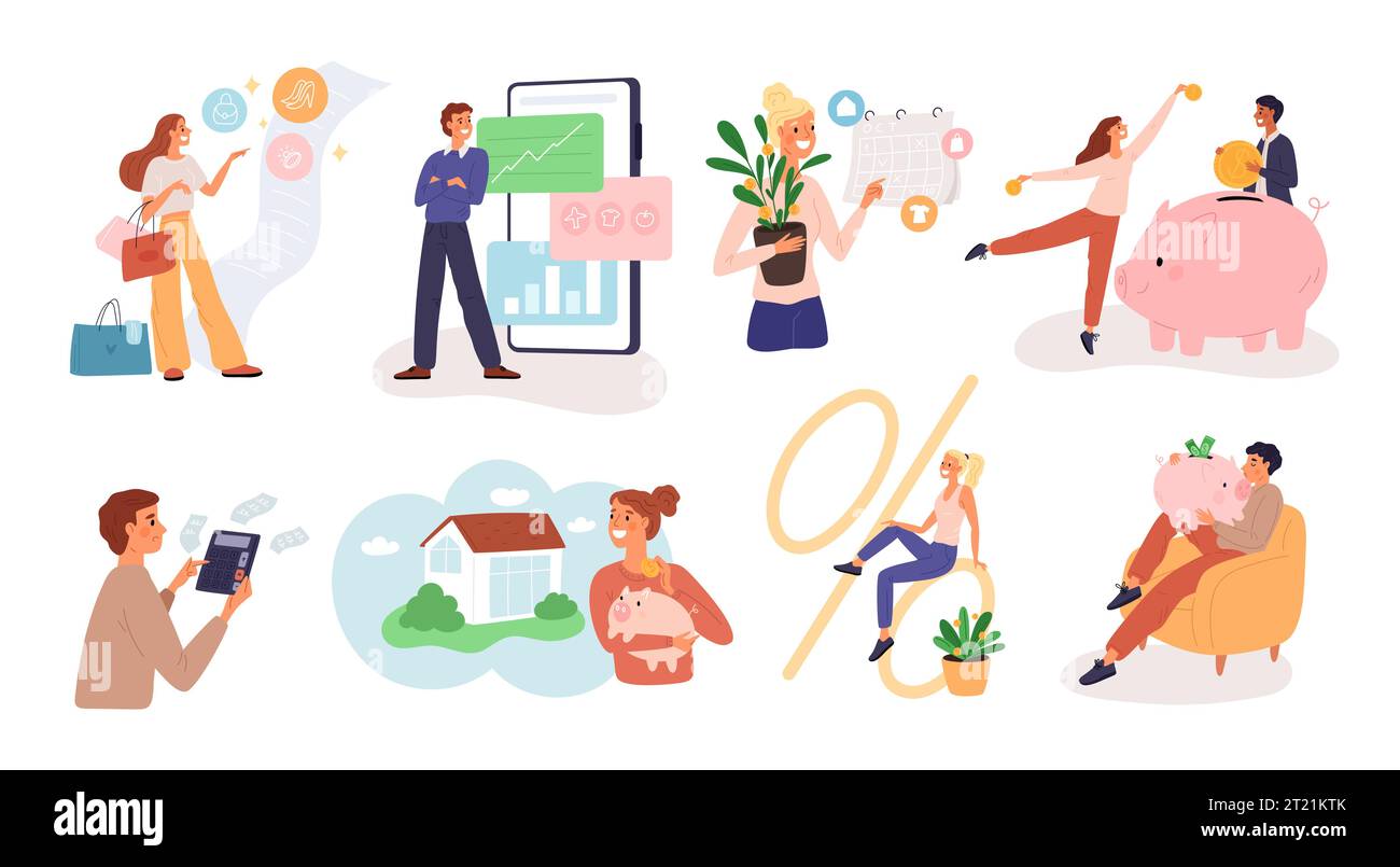 Financial literacy and management. People planning budget income ...