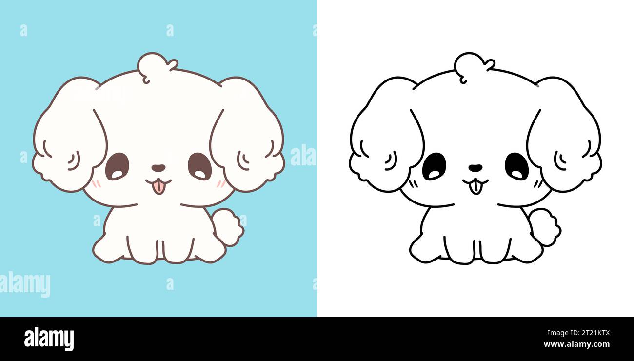 Cute Bichon Frise Dog Clipart Illustration and Black and White. Kawaii ...