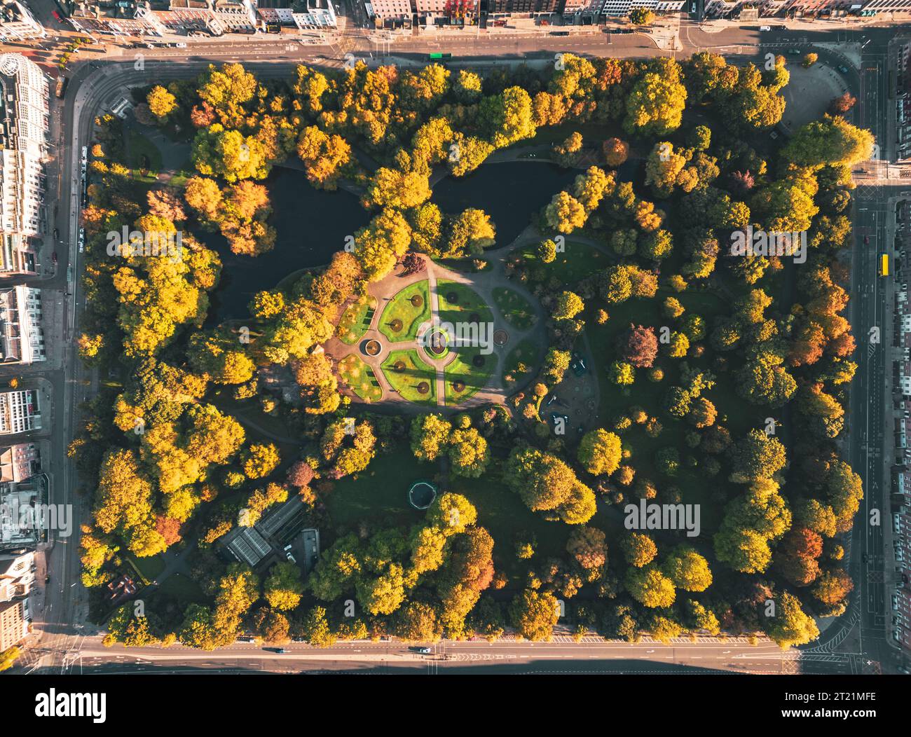 Aerial view of St. Stephen's Green as the autumn colours slowly change ...