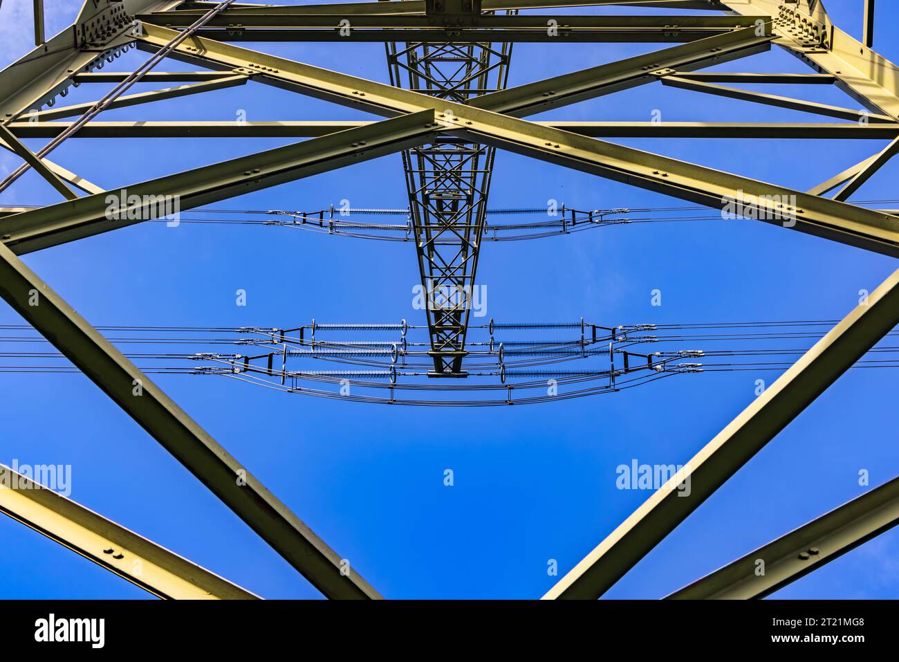 Struts and crossbeams from the steel skeleton of a power pole seen from ...