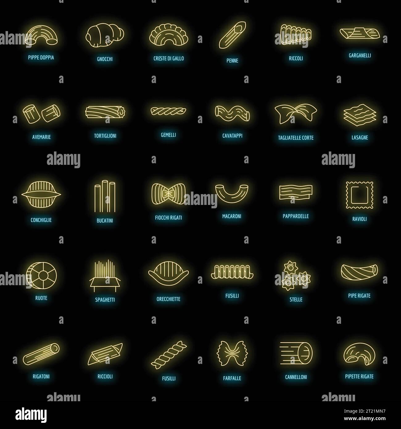 Macaroni pasta spaghetti noodles icons set. Outline illustration of 30 ...