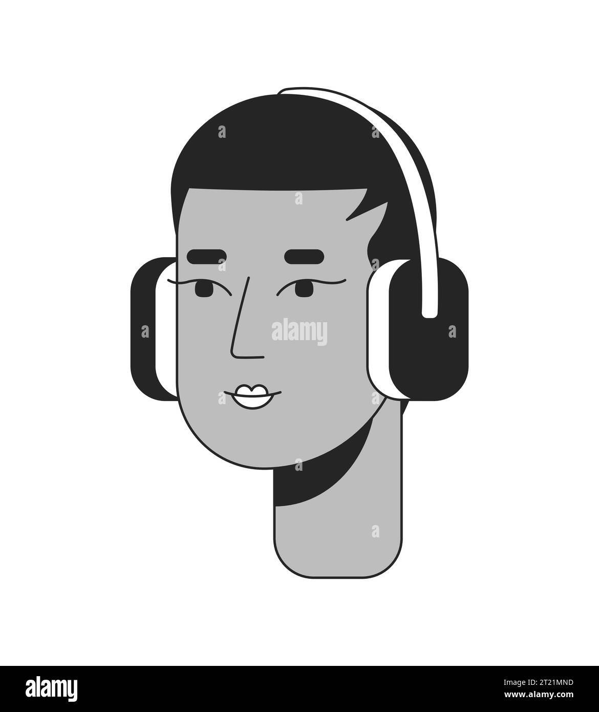 Black short haired woman wears headphones black and white 2D line ...