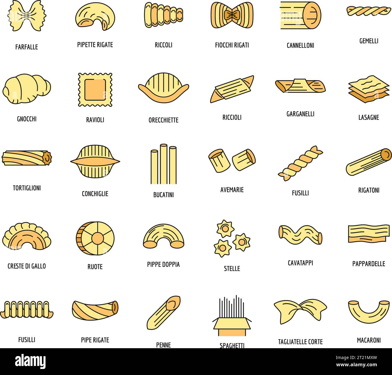 Macaroni pasta spaghetti noodles icons set. Outline illustration of 30 ...