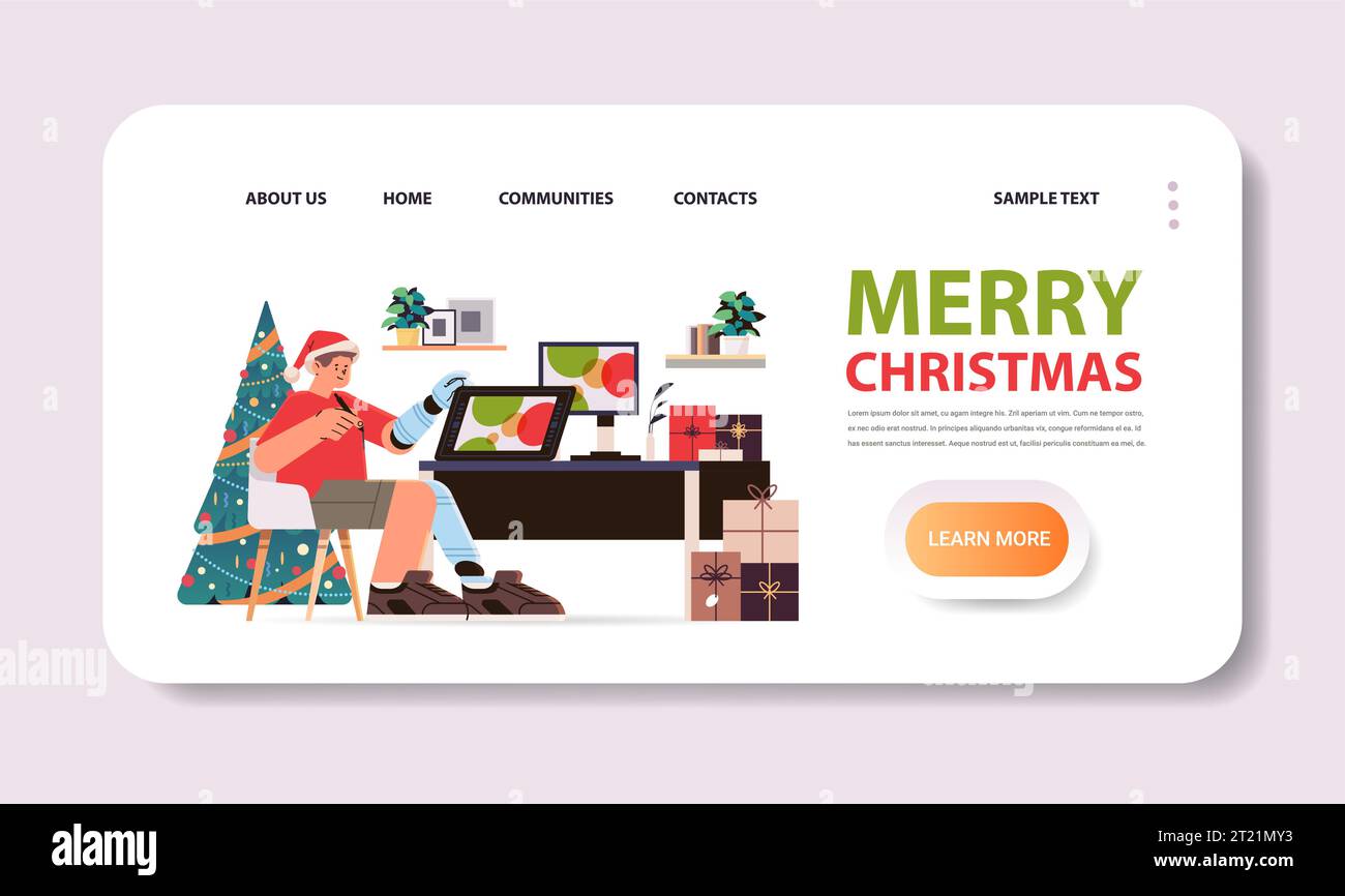 disabled man in santa claus hat graphic designer with replaced robotic ...