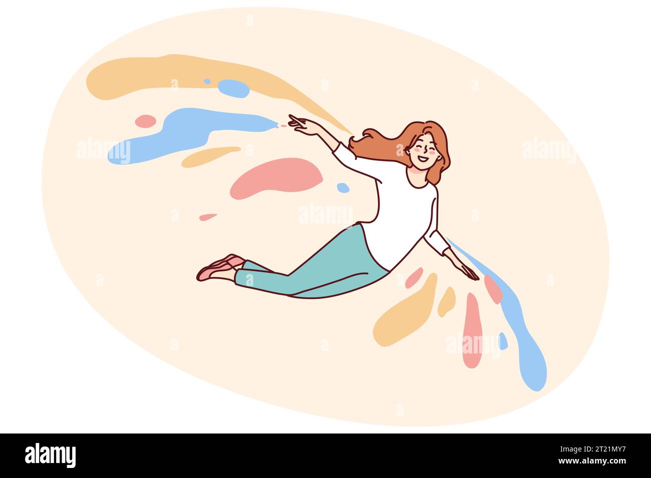 Happy woman flying on colorful wings feel optimistic and joyful ...