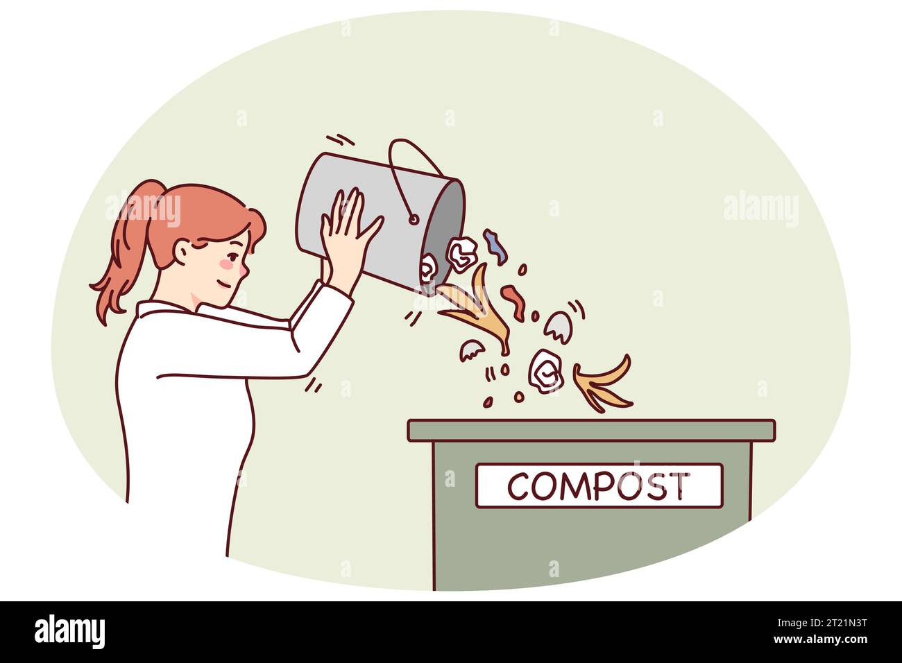 Woman throwing waste in compost container. Caring young female recycle organic trash sort ...
