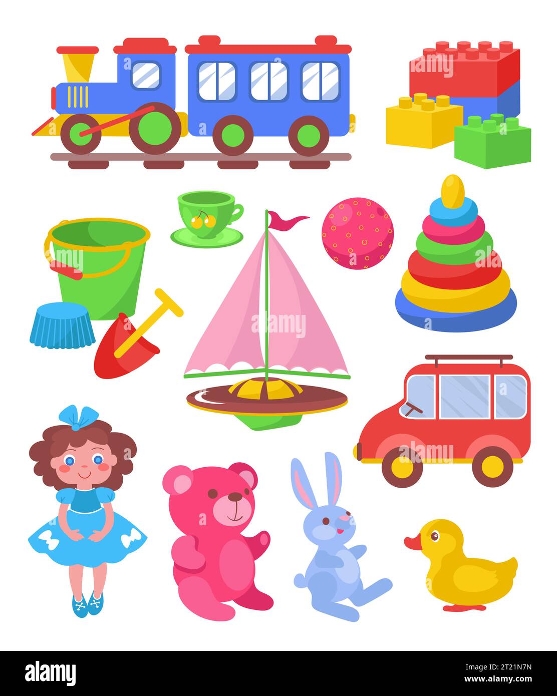 Cartoon toys. Cute kids objects for playing. Funny dolls. Colorful ...