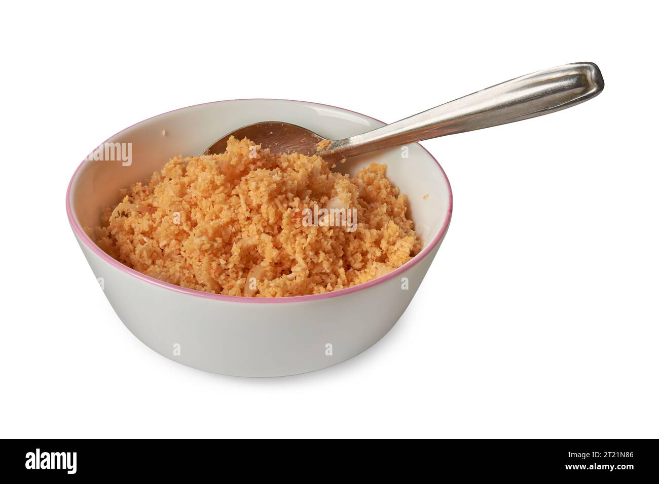coconut sambol or pol sambol in white bowl with a spoon, popular ...