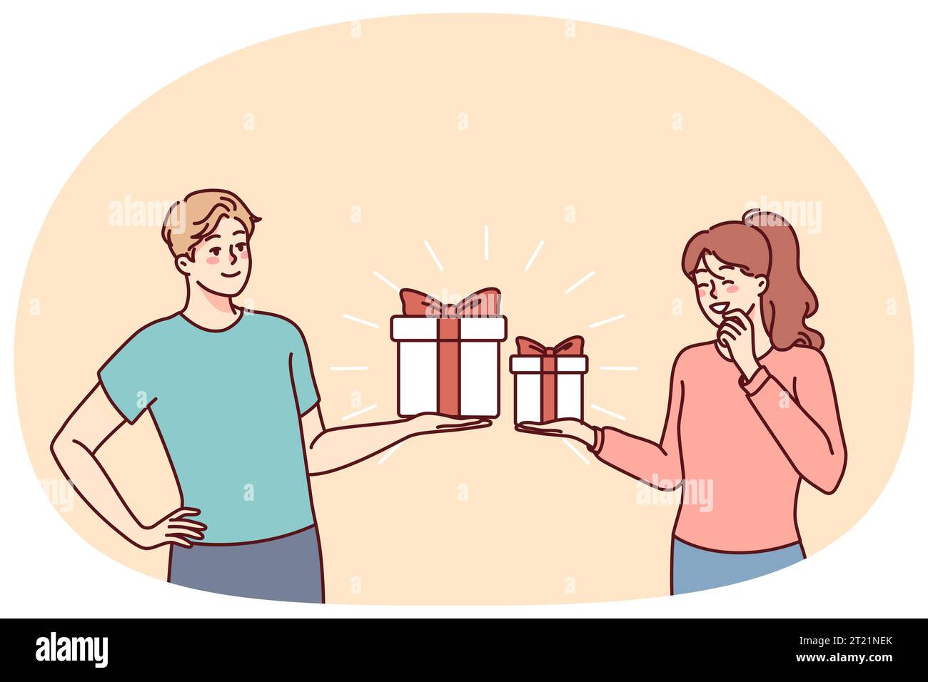 Happy couple exchange presents for valentine day. Smiling man and woman ...