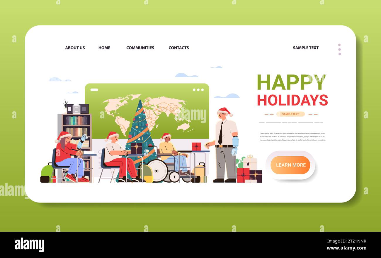 disabled students in santa claus hats with male teacher in classrom ...