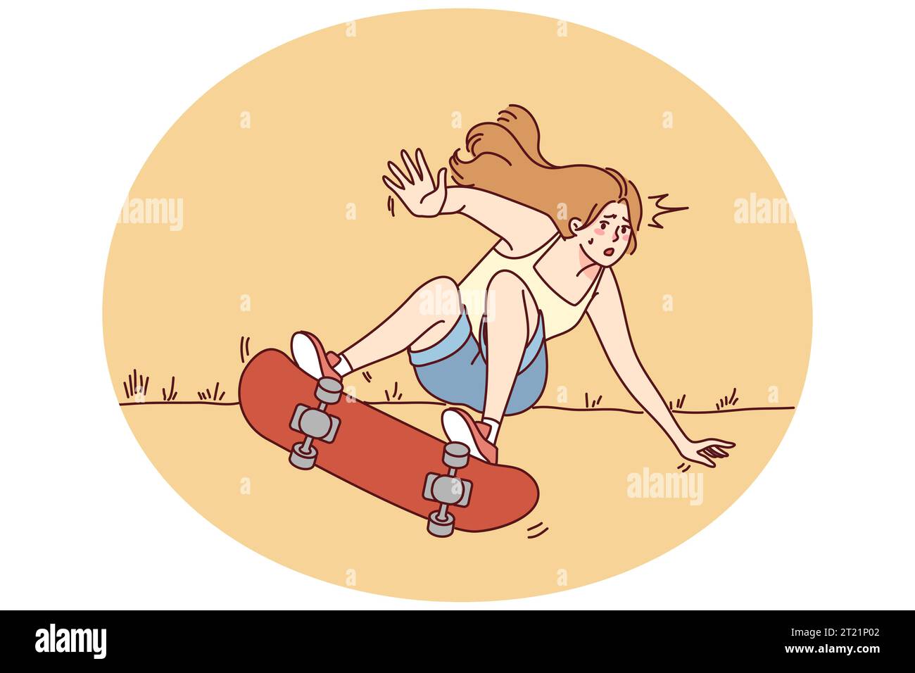 Woman riding skate falling outside. Girl have fun starting on street ...