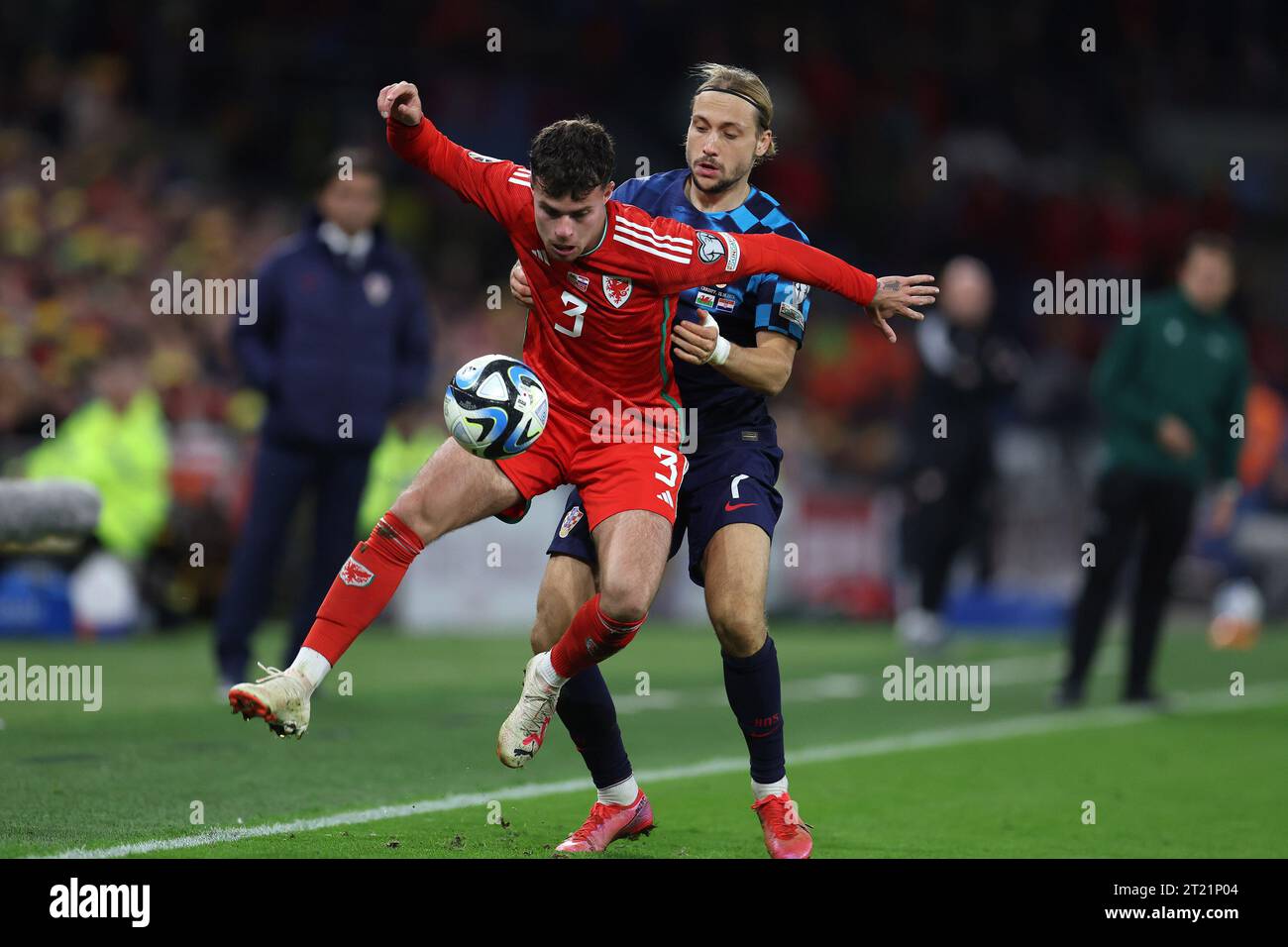 Cardiff, UK. 15th Oct, 2023. Neco Williams of Wales holds off Lovro ...