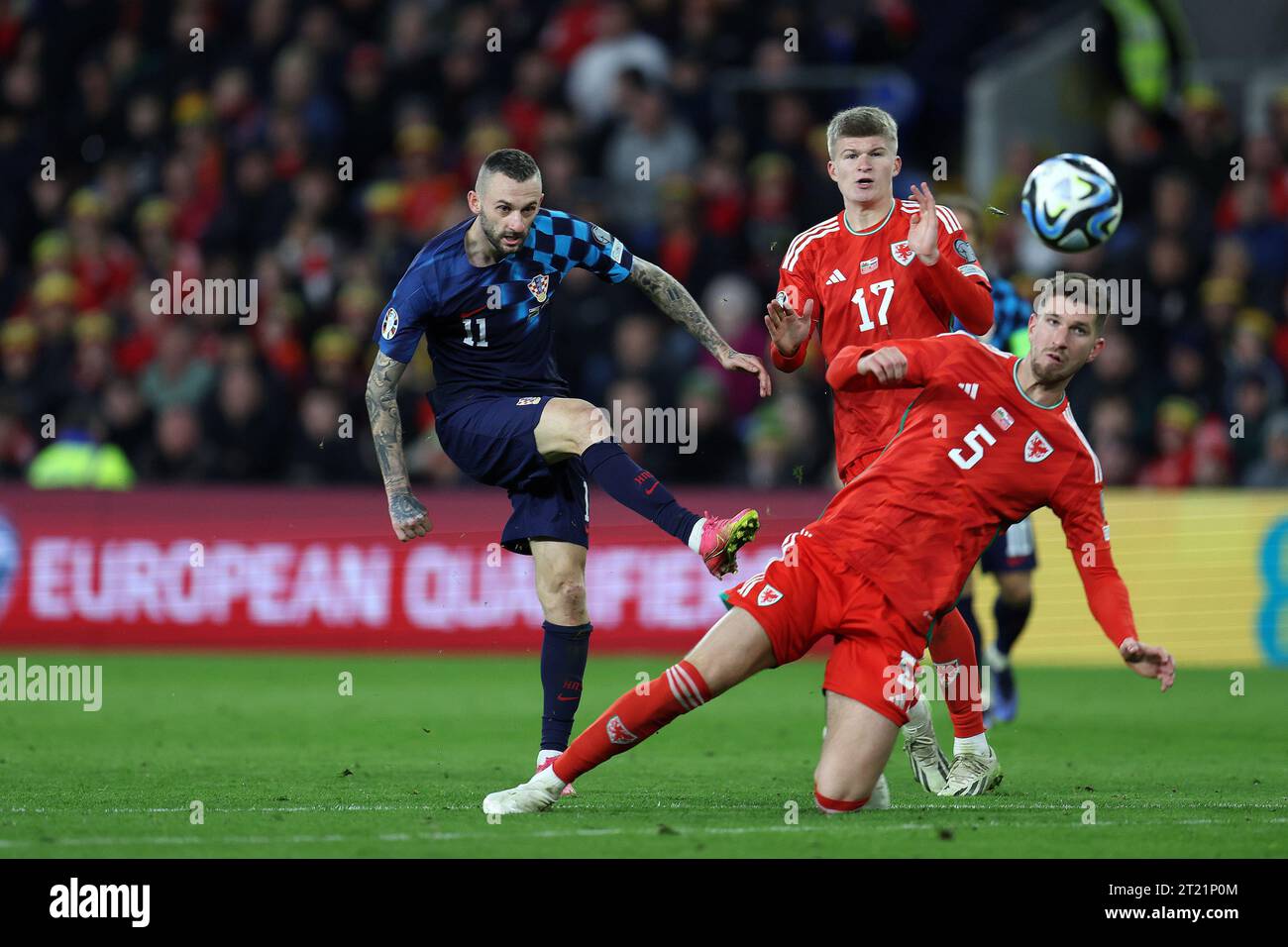 Cardiff, UK. 15th Oct, 2023. Marcelo Brozovic of Croatia has a shot at ...